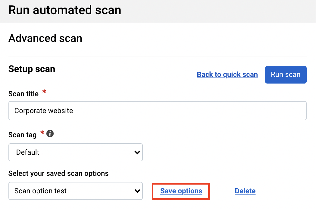 Save scan options – Level Access Help Center